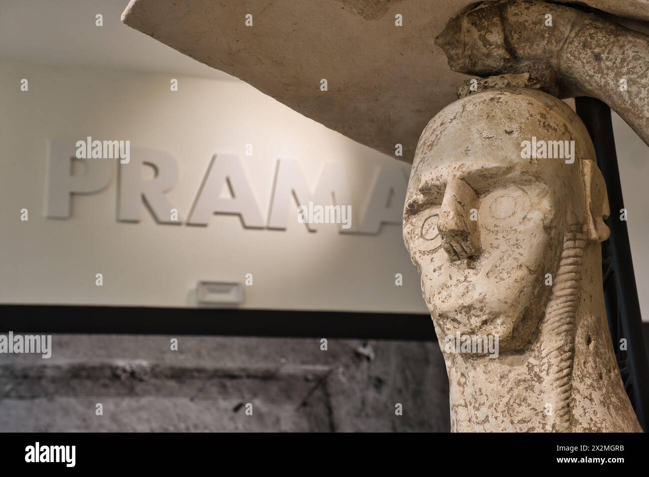 Close up of the head of a giant of Monte Prama inside the archaeologic ...