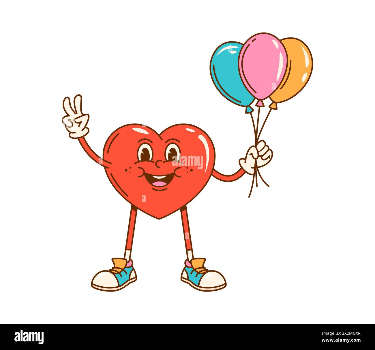 Groovy love heart character with holiday balloons. Retro cartoon ...