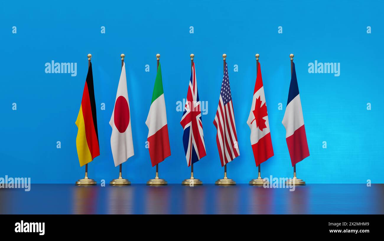 G7 summit. flags of members of G7 group of seven and list of countries ...