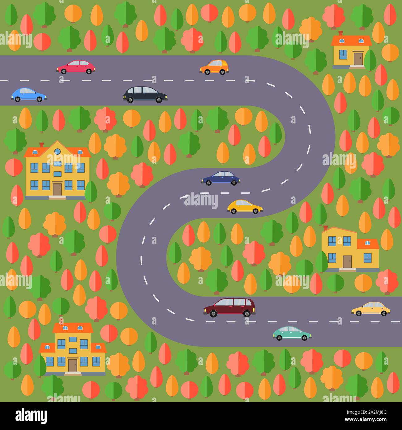 Plan of village. Landscape with the road, autumn forest, cars and ...