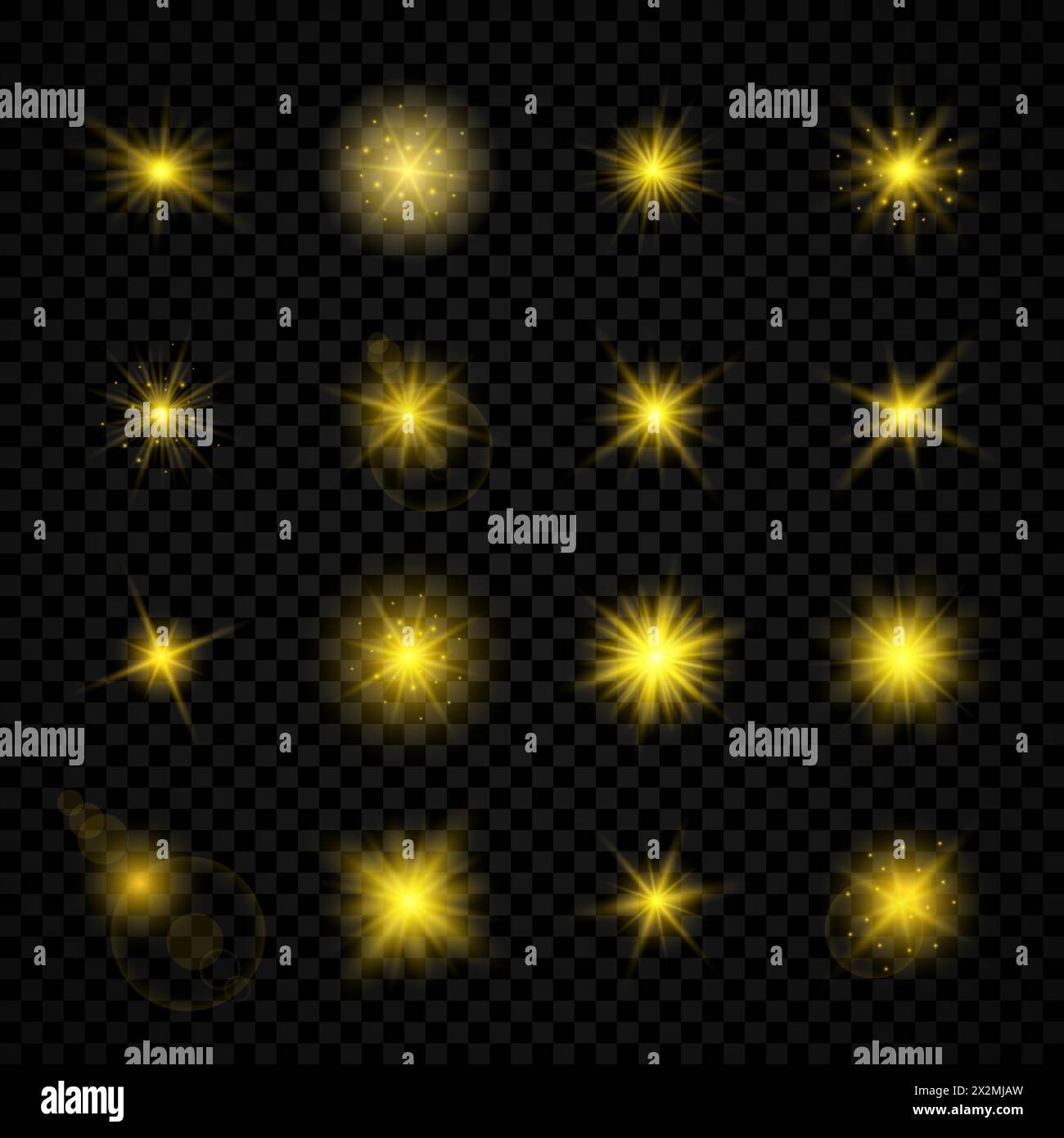 Light effect of lens flares. Set of sixteen yellow glowing lights starburst effects with ...