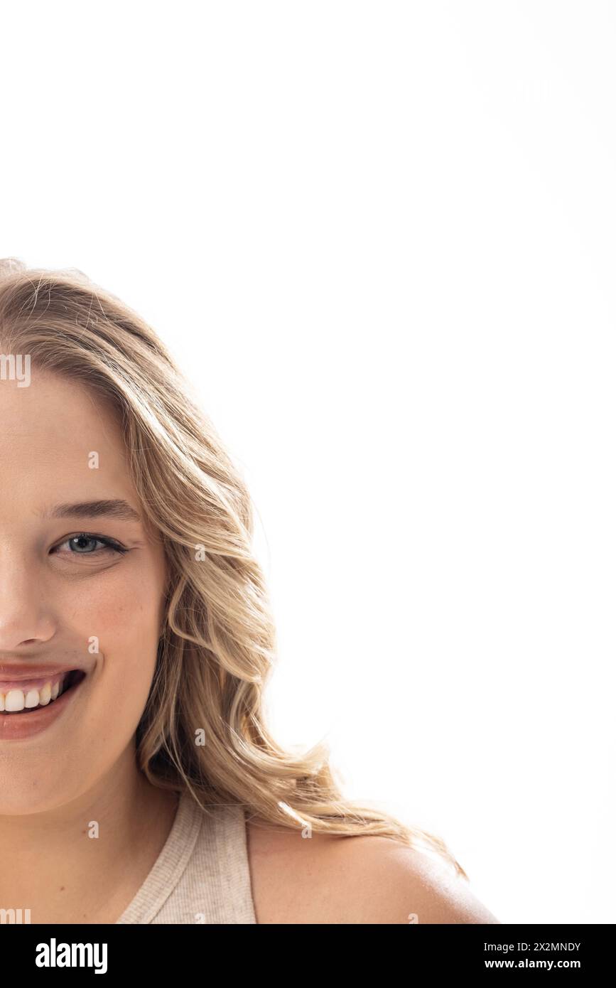 Caucasian plus-size child model, brown hair, blue eyes, smiles, white ...