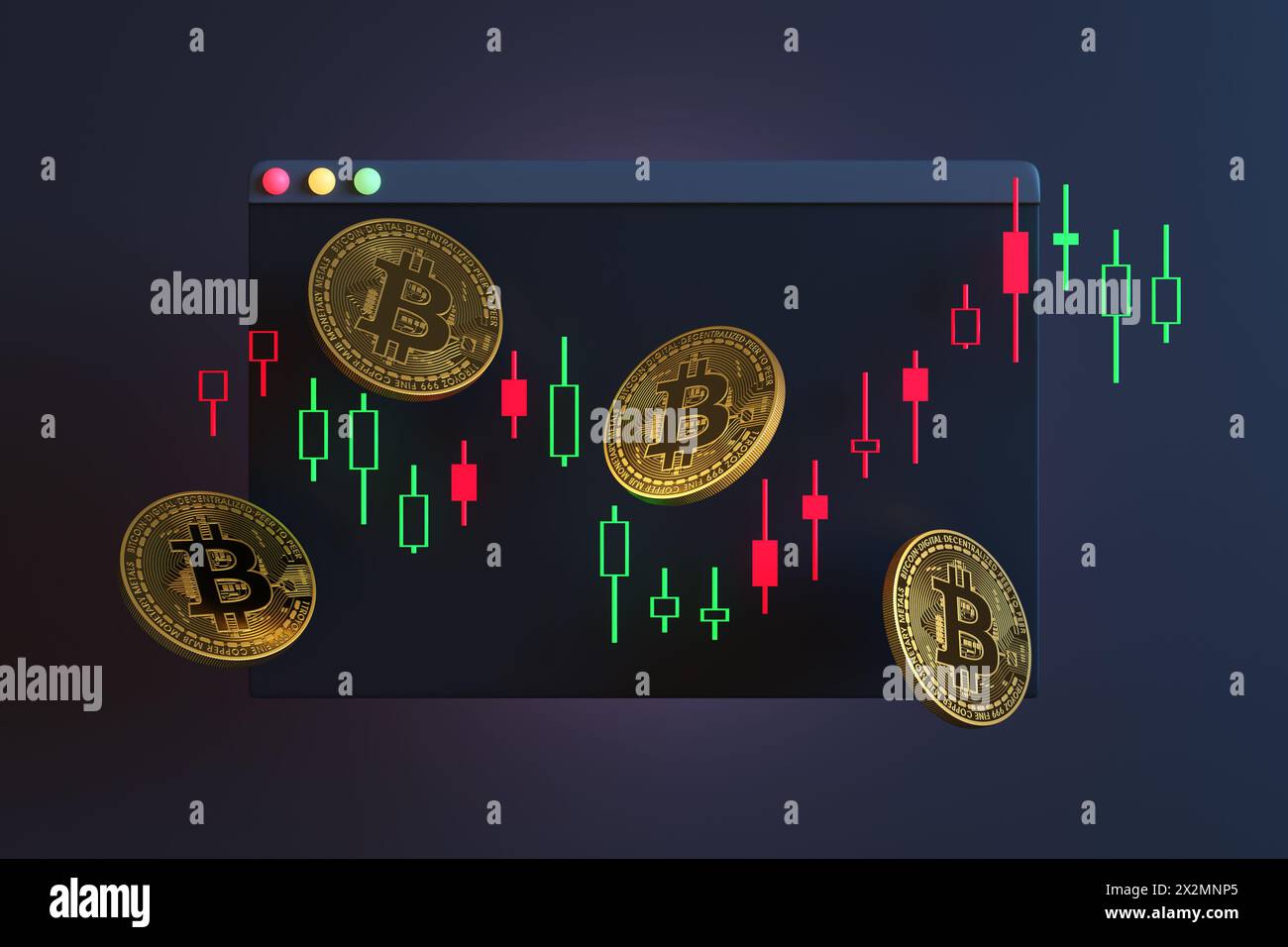 Stock candle chart and golden bitcoins in front of a computer popup ...