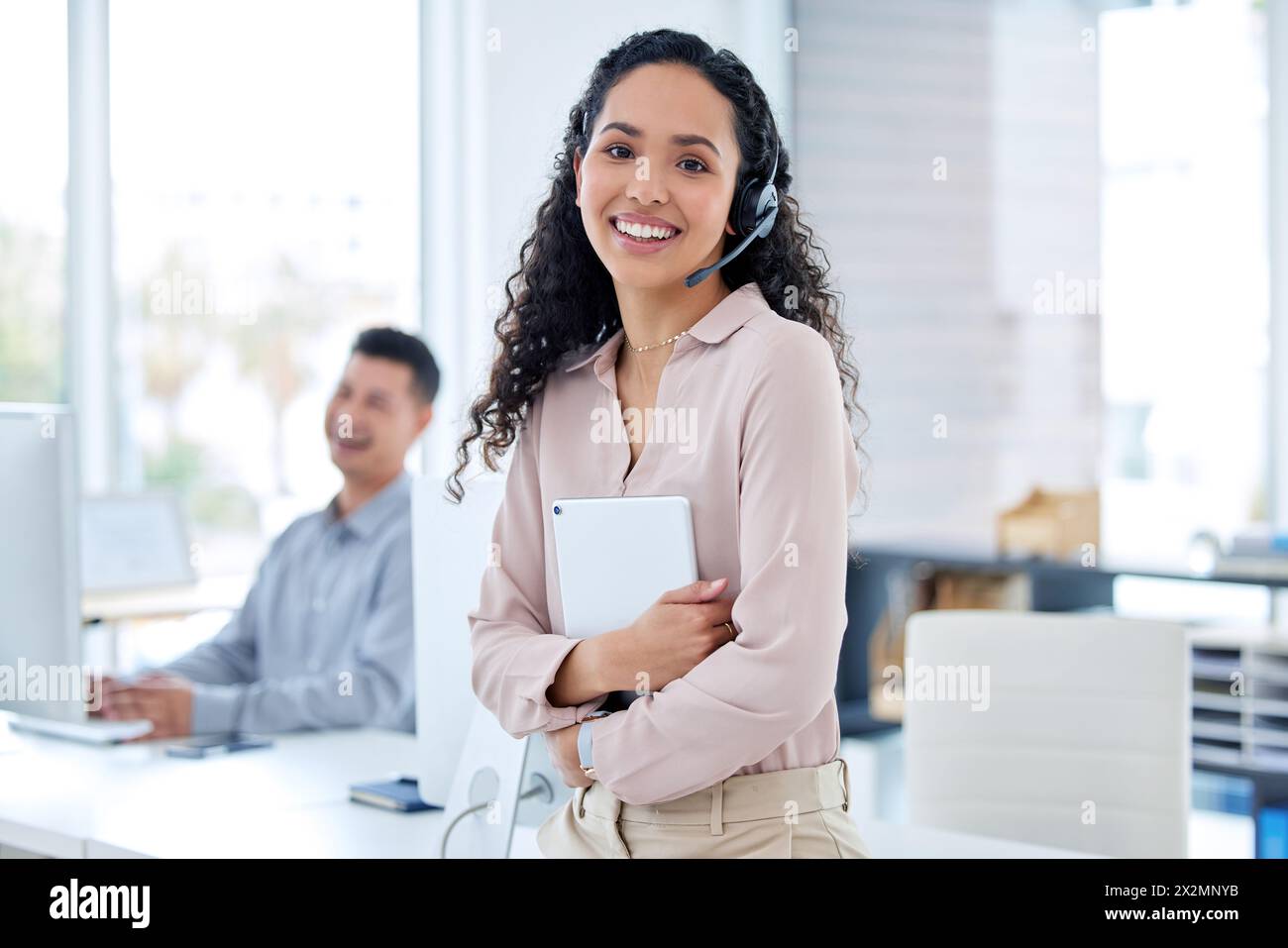 Contact us, portrait and woman in call center office for consultation ...