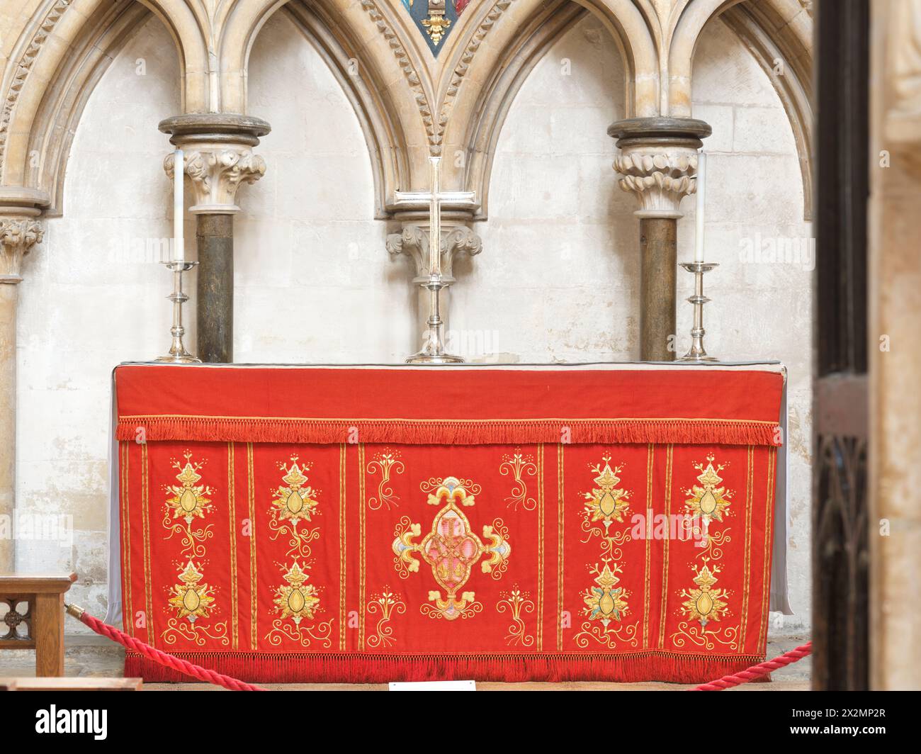 Red frontal cloth on an altar in a side chapel of the cathedral at ...