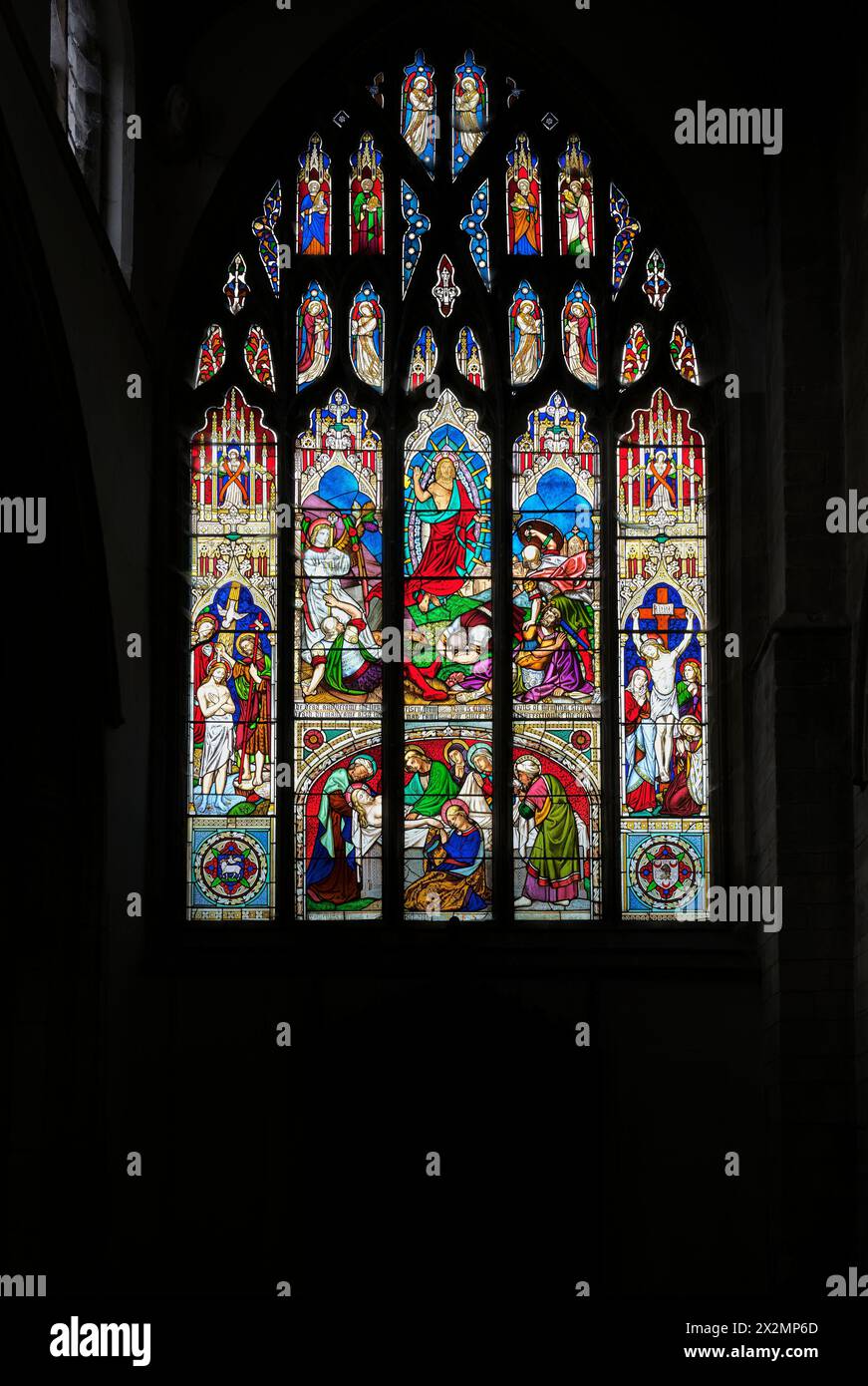 Stained glass window, of events in the life of Jesus Christ, at St John ...
