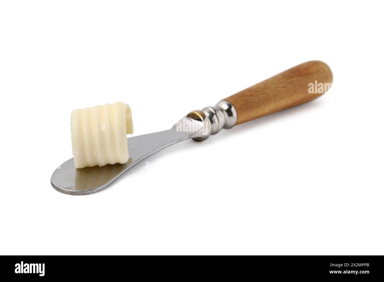 Butter curl on knife isolated on white Stock Photo - Alamy