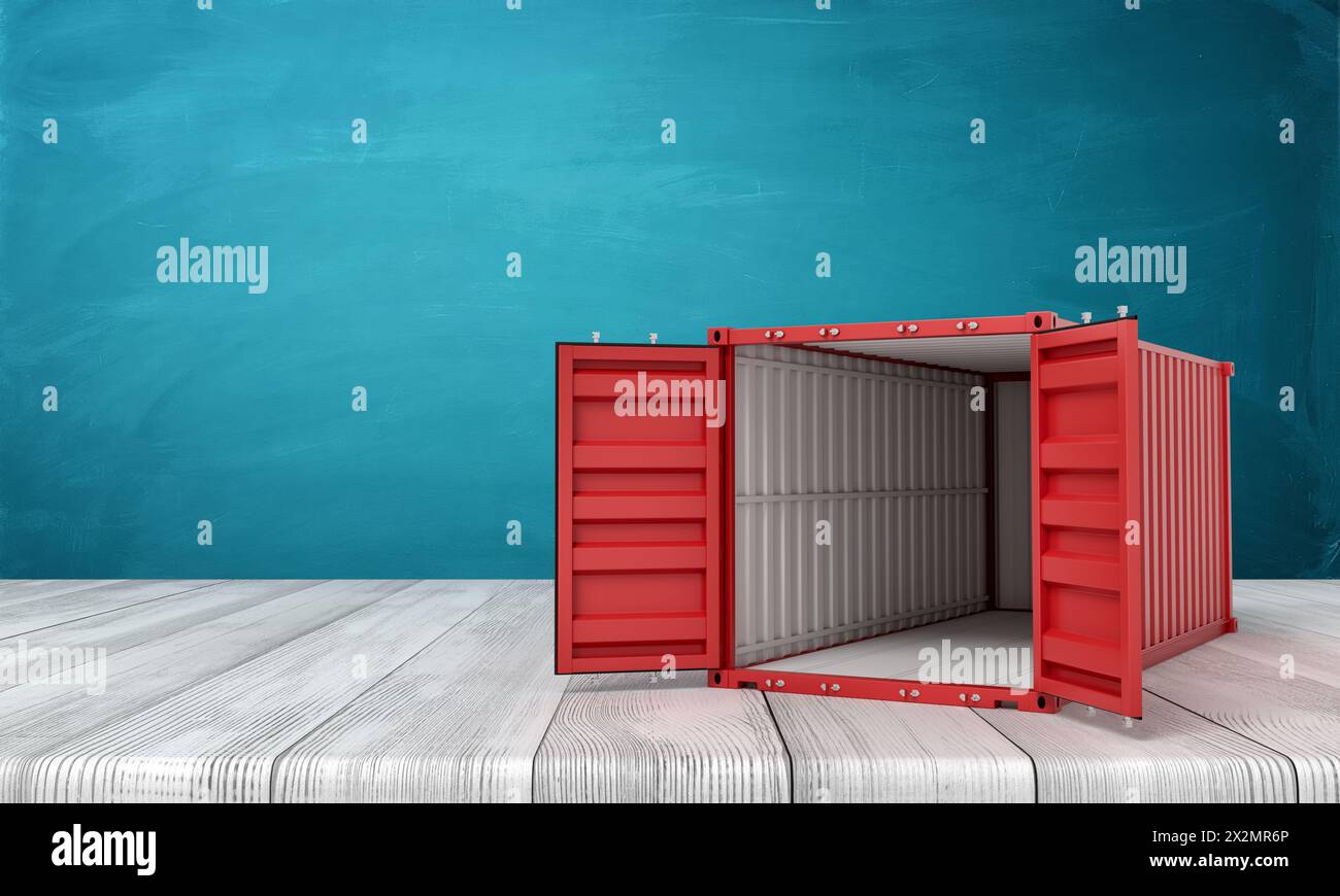 3d rendering of open empty red shipping container on white wooden floor ...