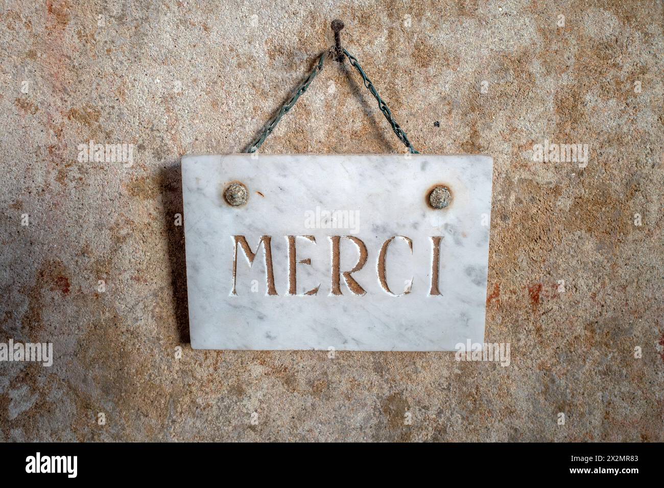 Chinon, April 13th 2024: The Chapelle Sainte-Radegonde, Merci sign ...
