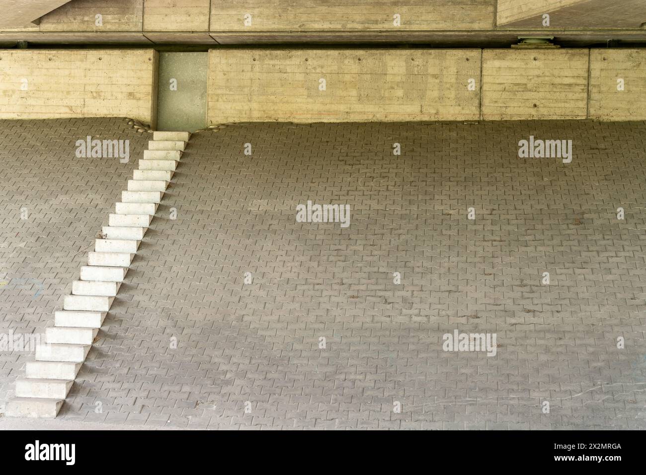Concrete stairway under a bridge, leading to a door. Ground paved with ...