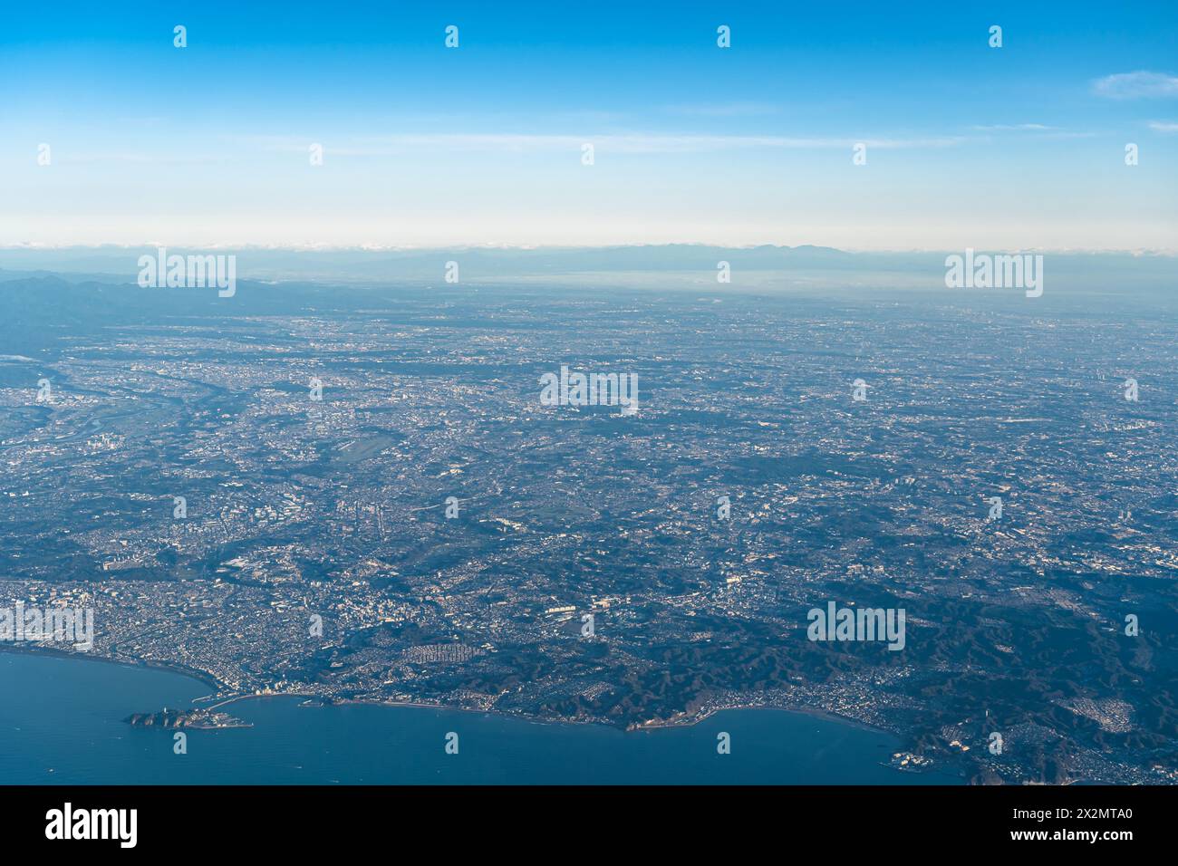 Aerial view of Shonan region in sunrise time with blue sky horizon ...