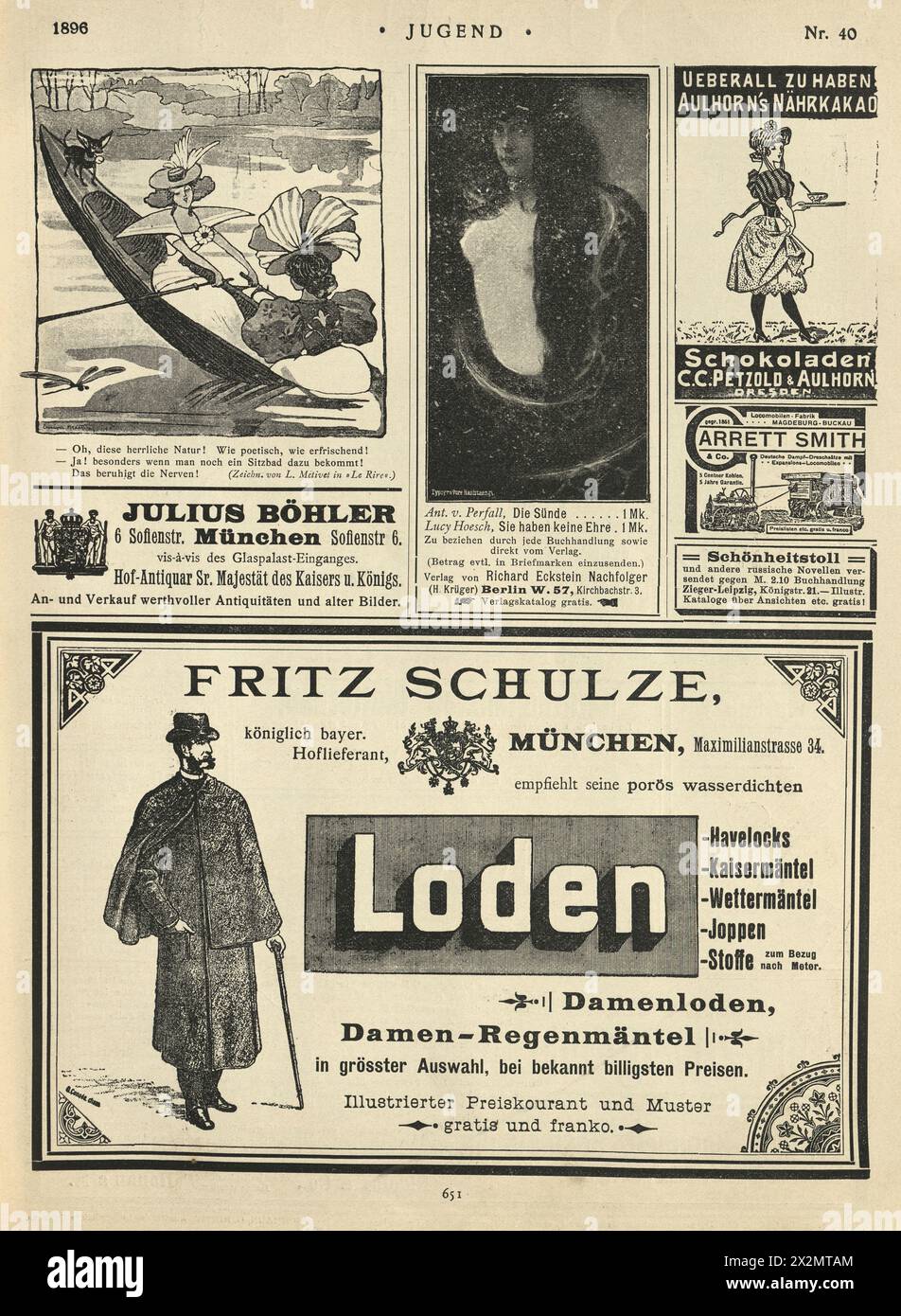 Vintage illustration page of adverts and cartoons, Jugend, Jugendstil ...