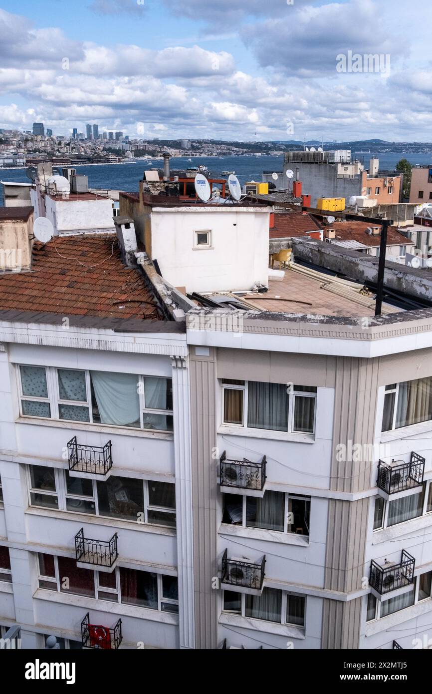 A cityscape with residential buildings, the Bosphorus strait and the ...