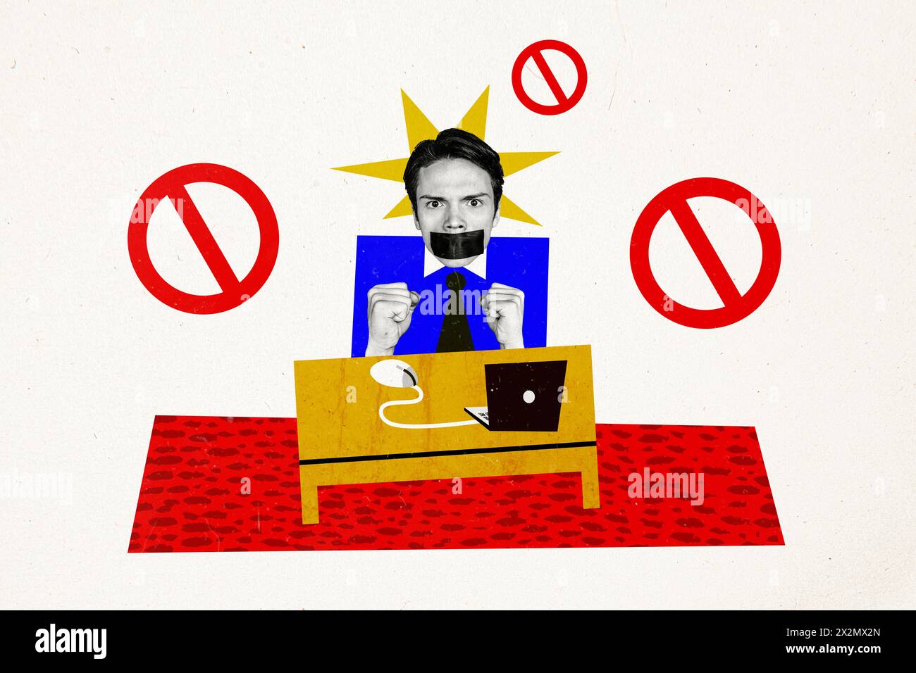 Collage sketch picture of aggressive irritated man with closed mouth ...