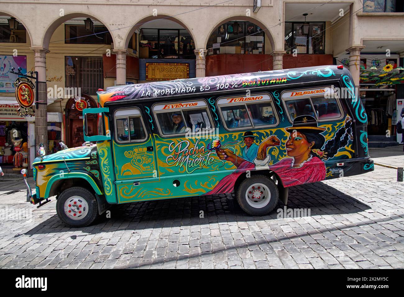 La Paz, Bolivia. 10th Jan, 2024. Old colorful Dodge bus driving on the ...