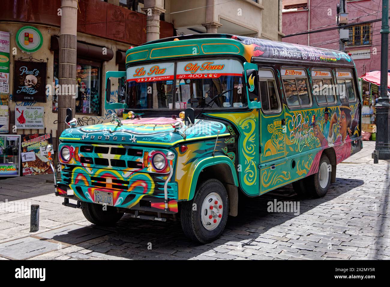 La Paz, Bolivia. 10th Jan, 2024. Old colorful Dodge bus driving on the ...