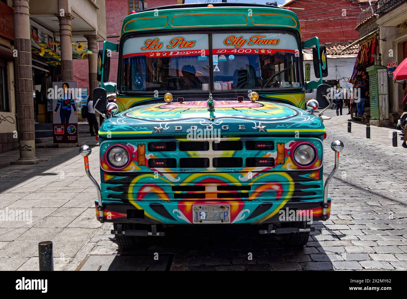 La Paz, Bolivia. 10th Jan, 2024. Old colorful Dodge bus driving on the ...