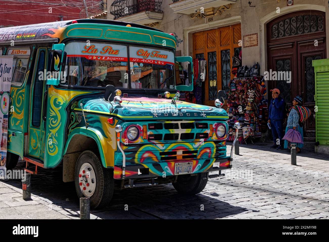 La Paz, Bolivia. 10th Jan, 2024. Old colorful Dodge bus driving on the ...