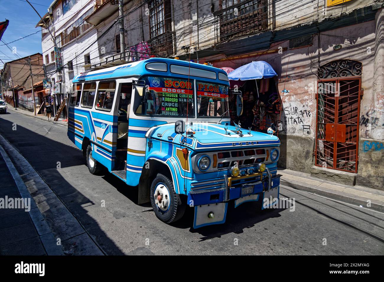 La Paz, Bolivia. 10th Jan, 2024. Old colorful Dodge bus driving on the ...