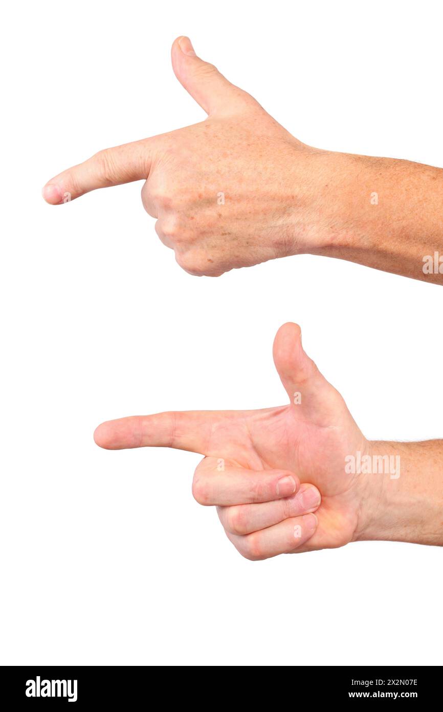 senior man hands show forefinger, point gesture, isolated Stock Photo ...