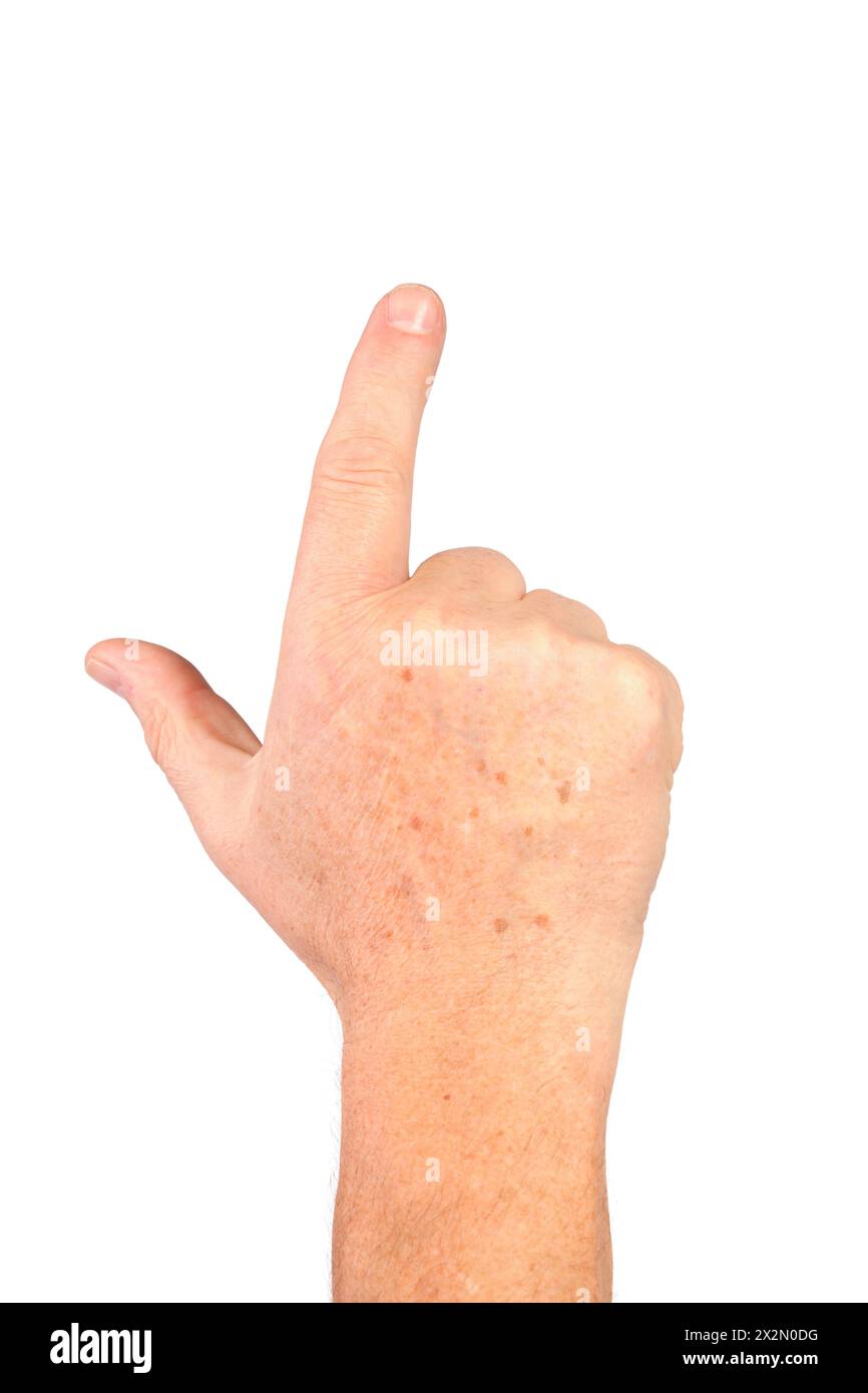 One senior hand with freckles show forefinger, point gesture, isolated ...