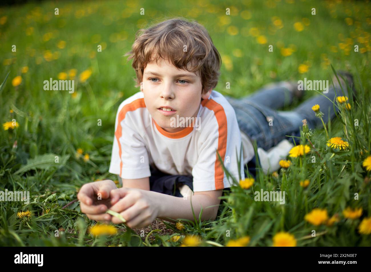 Little boyl lying in grass Stock Photo - Alamy