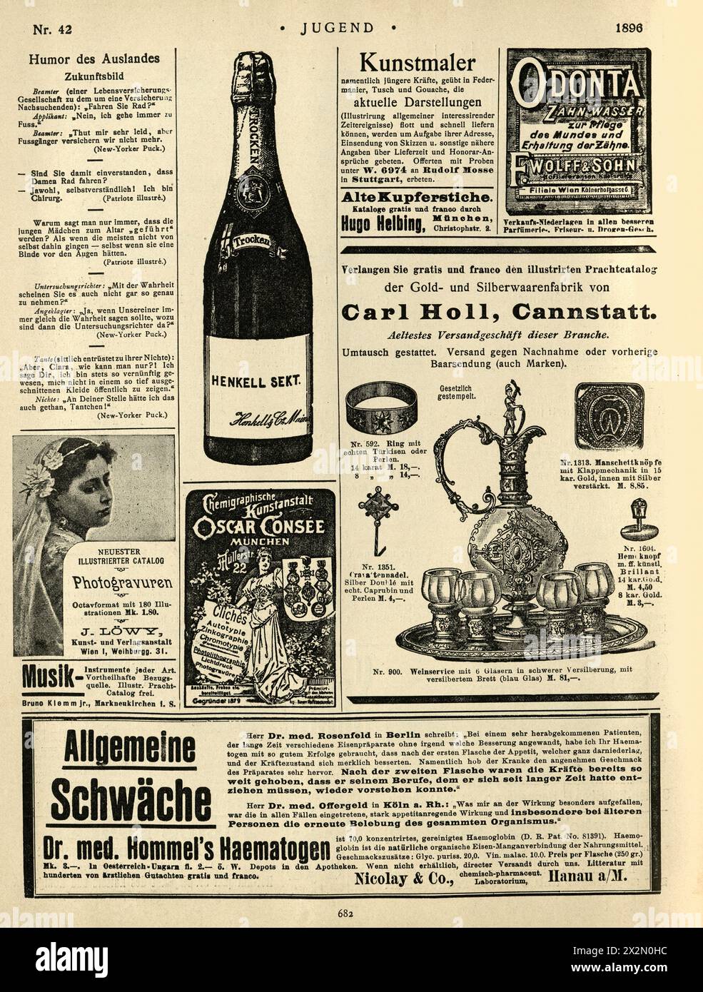 Old page of Victorian newspapers adverts, German, champagne bottle ...