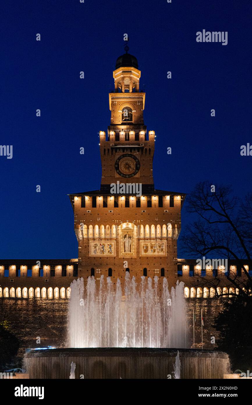 Sforza Castle (Castello Sforzesco) at night in Milano, Italy. The ...
