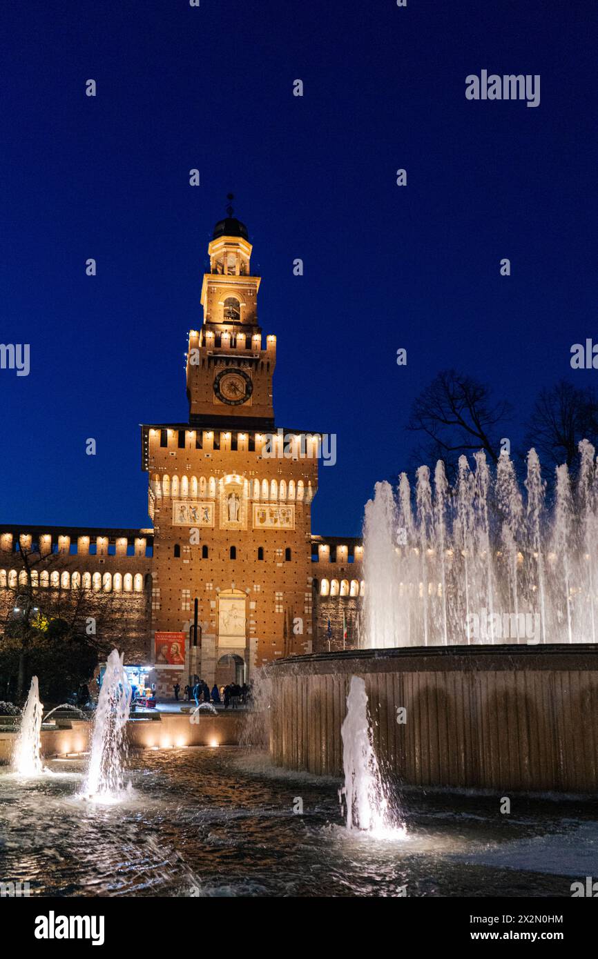 Sforza Castle (Castello Sforzesco) at night in Milano, Italy. The ...