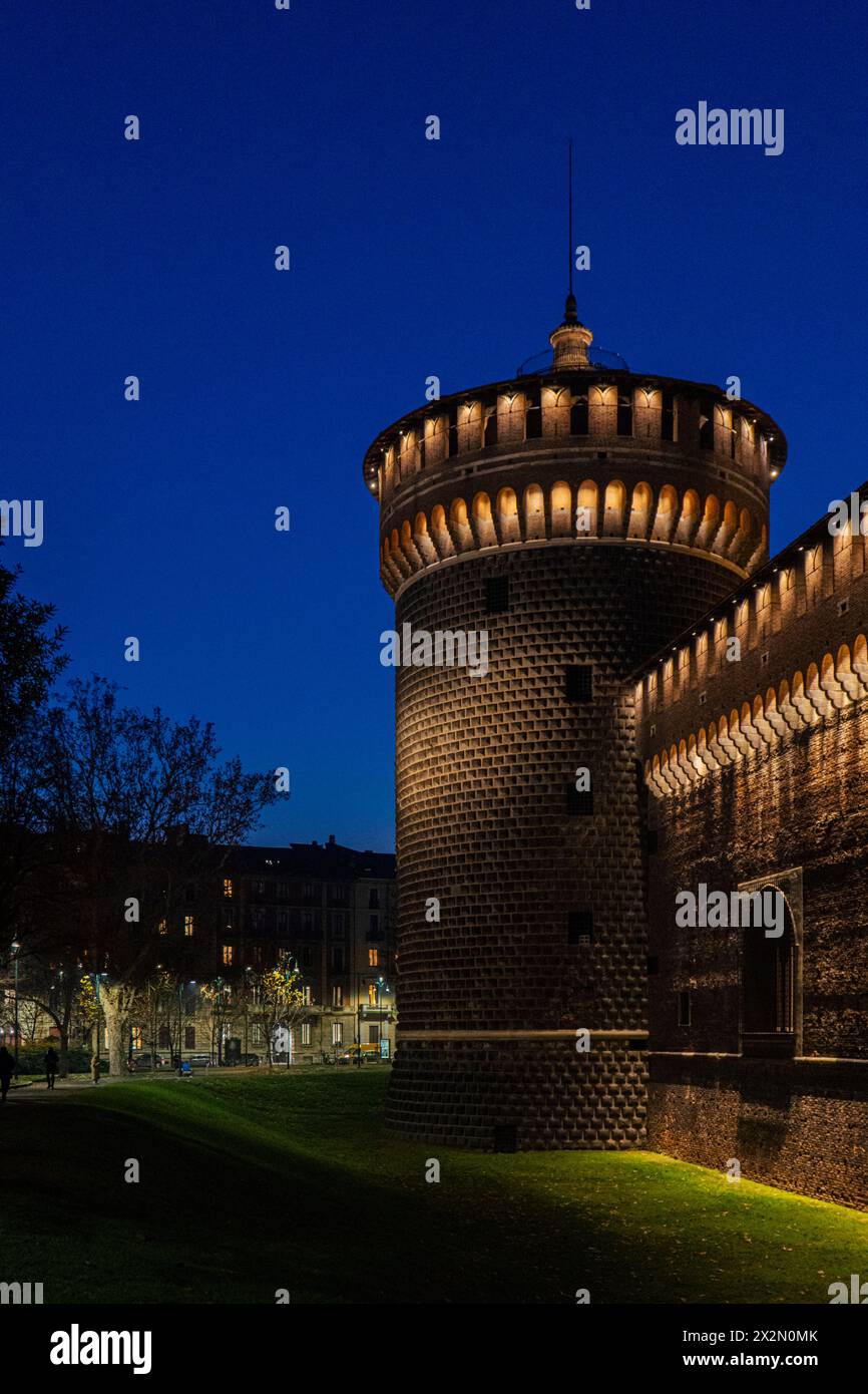 Sforza Castle (Castello Sforzesco) at night in Milano, Italy. The ...