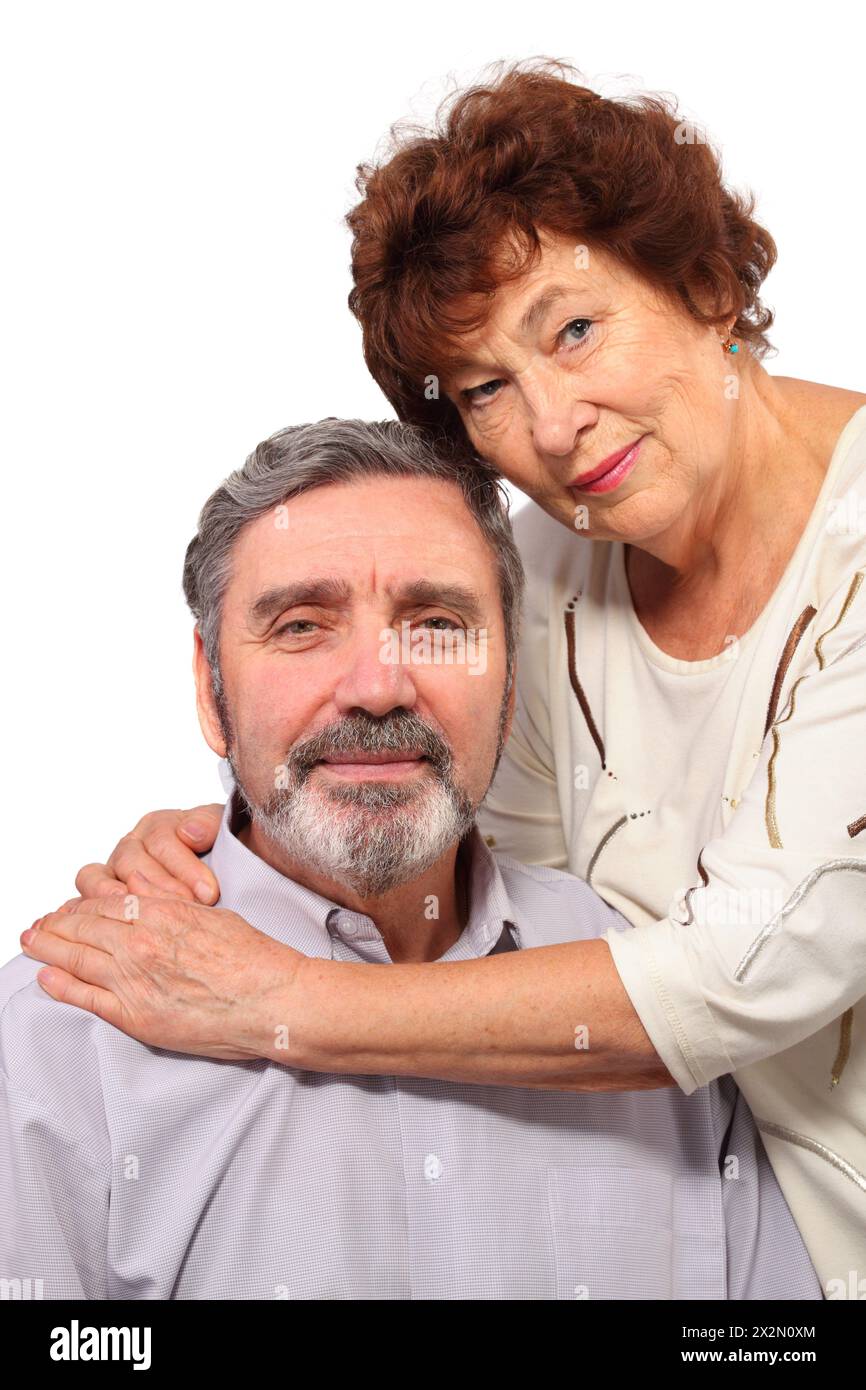 happy senior woman hugs seat man, isolated Stock Photo - Alamy