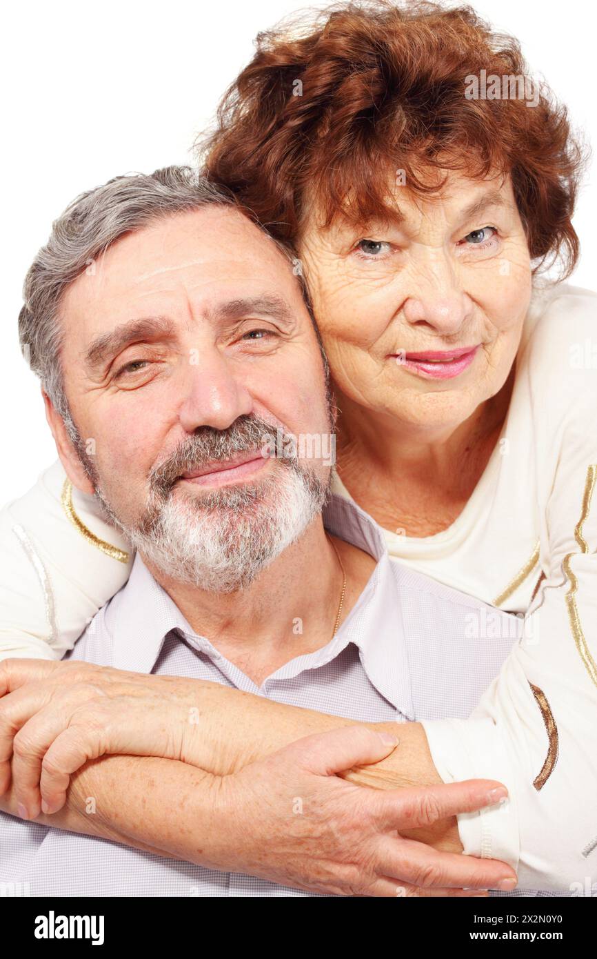 senior leaned woman hug man, couple, isolated Stock Photo - Alamy