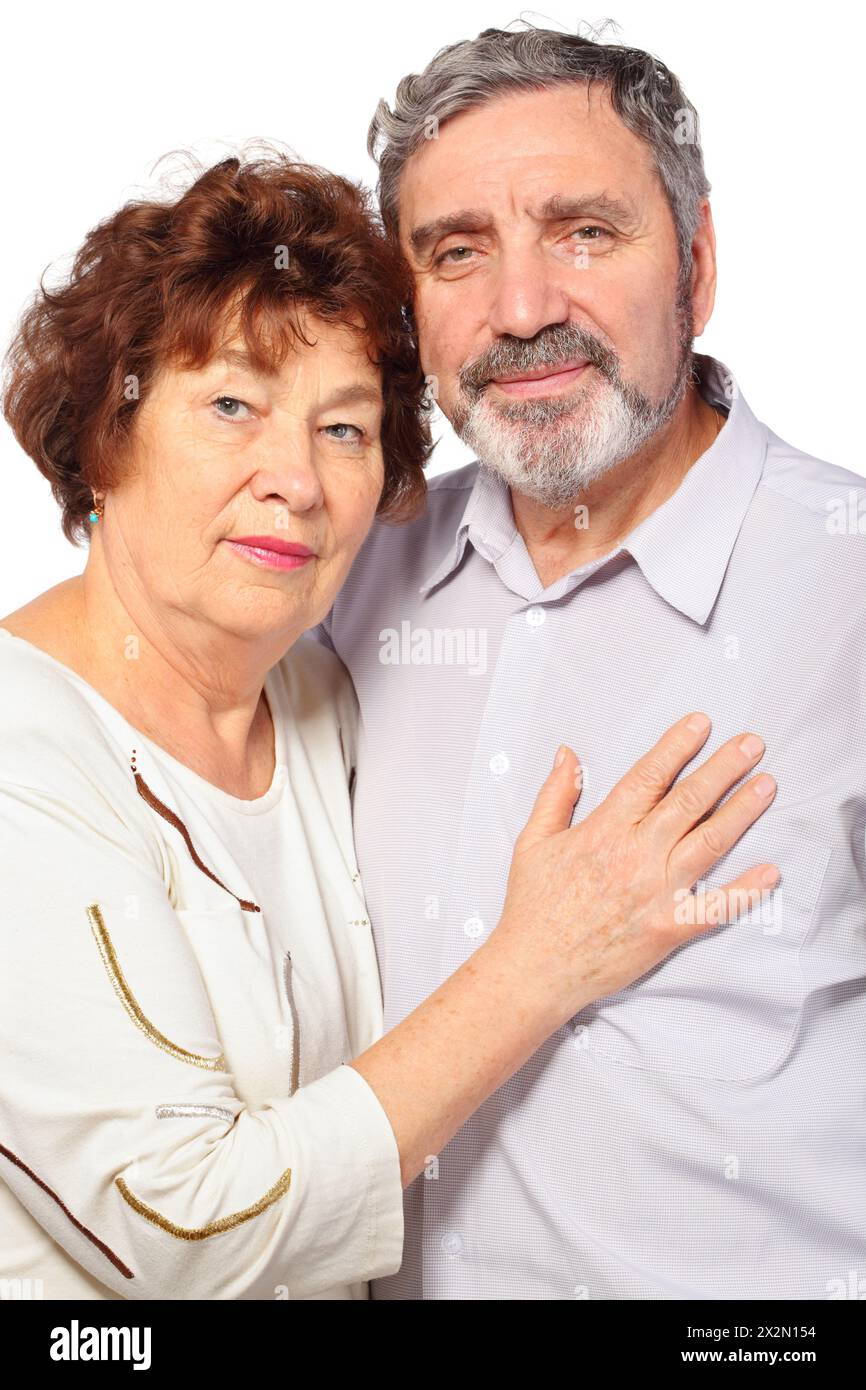 senior woman hug man, couple, half body, isolated Stock Photo - Alamy