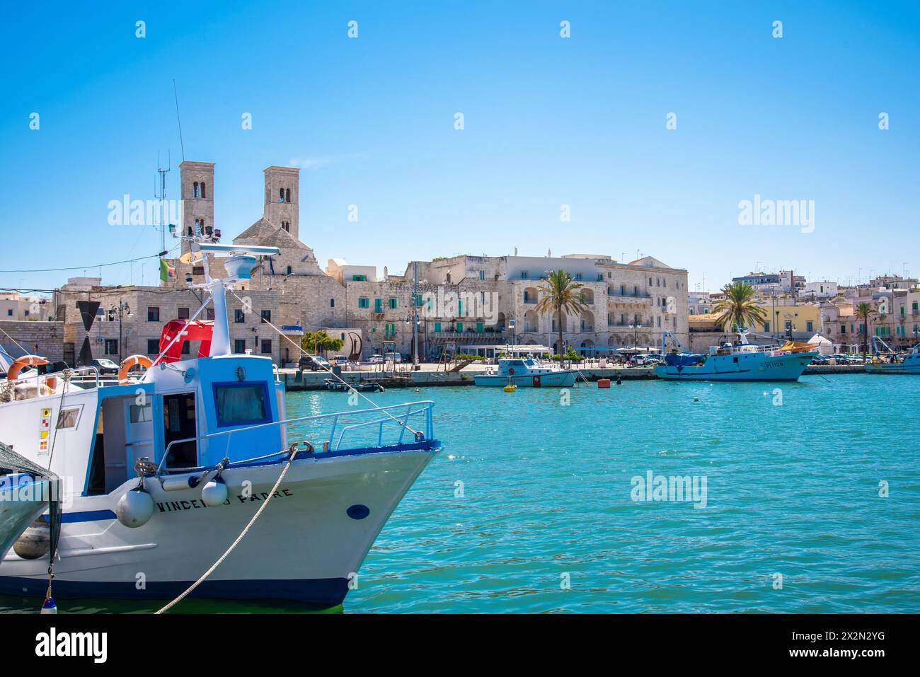 View of the port of Molfetta dominated by a majestic building of the ...