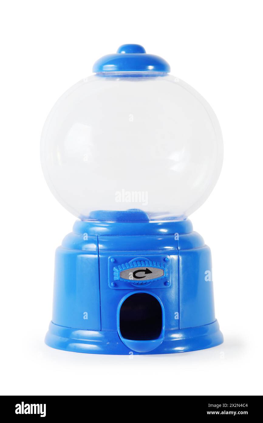 Blue plastic miniature empty candy machine isolated on white background ...