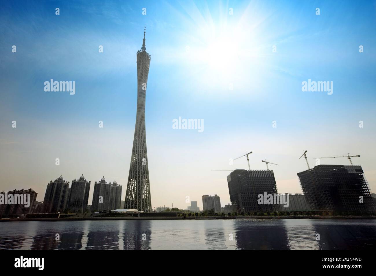 Canton TV tower near construction of high buildings, Pearl river in ...
