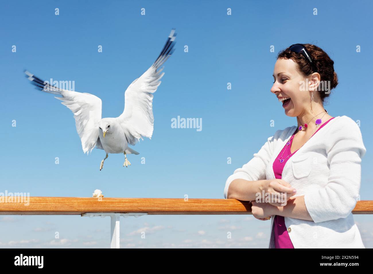 Laughing woman and seagull on deck of ship Stock Photo - Alamy