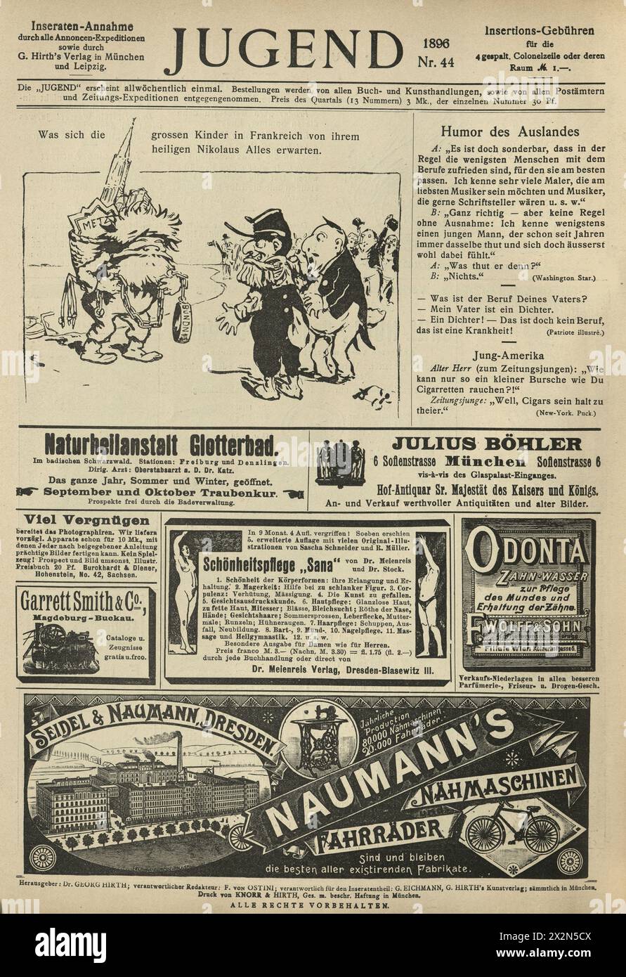 Old page of German newspaper, magazine adverts, cartoons, 1890s 19th ...