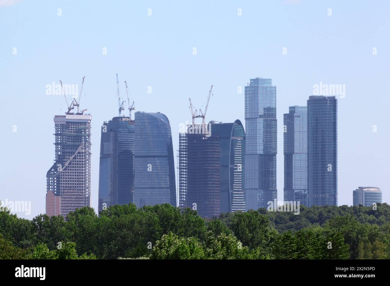 Skyscrapers of Moscow city complex under blue sky at summer day Stock ...