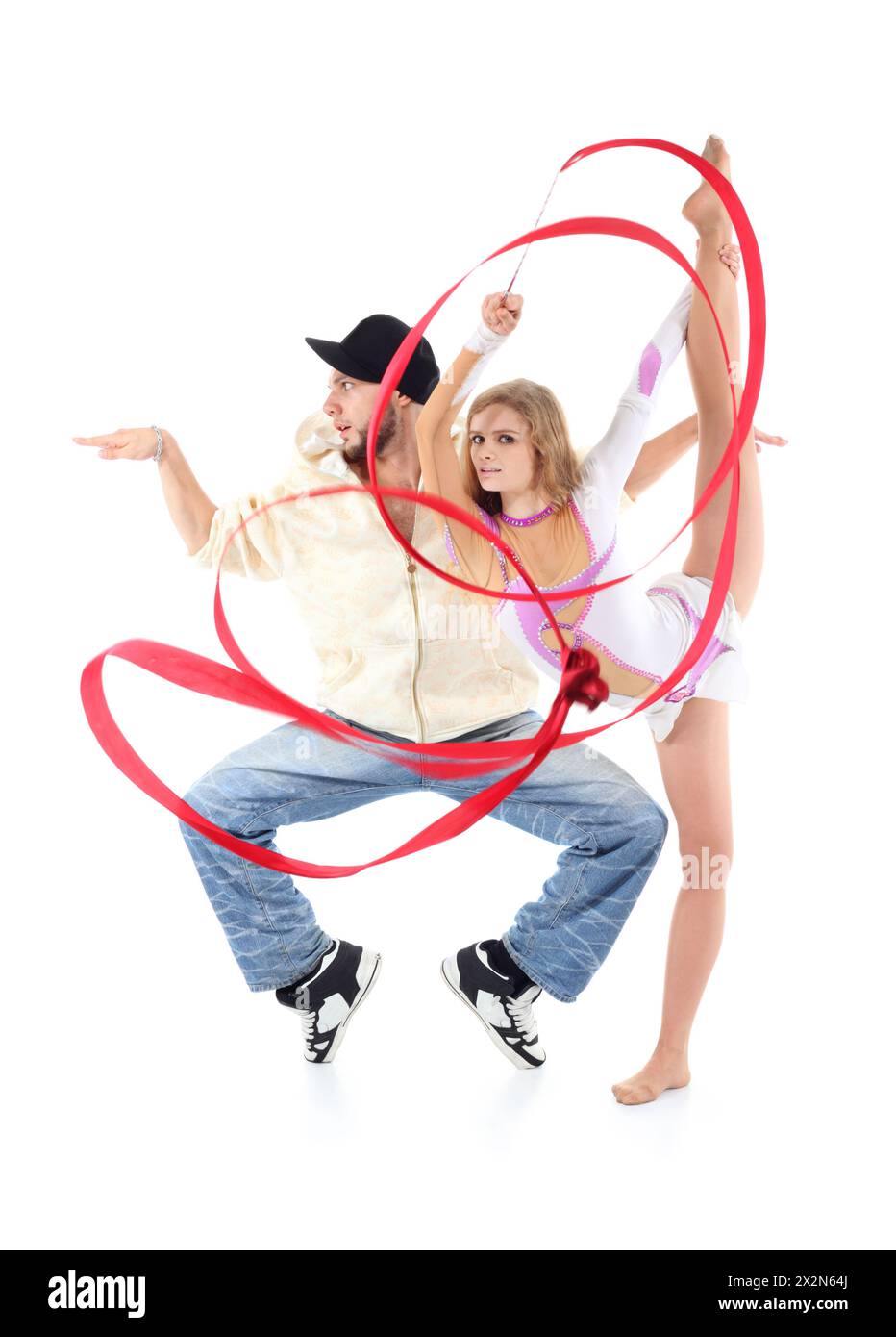 Breakdancer stands on tiptoe in profile and graceful gymnast girl with ...