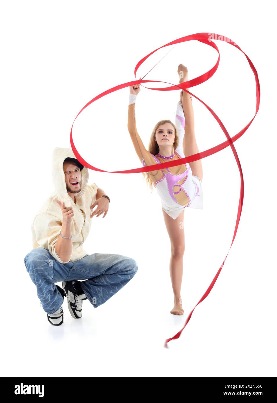 Breakdancer squats and hamming and graceful gymnast girl with red ...