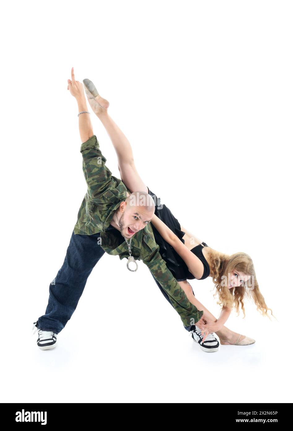 Happy rapper and gymnast girl depict triangle isolated on white ...