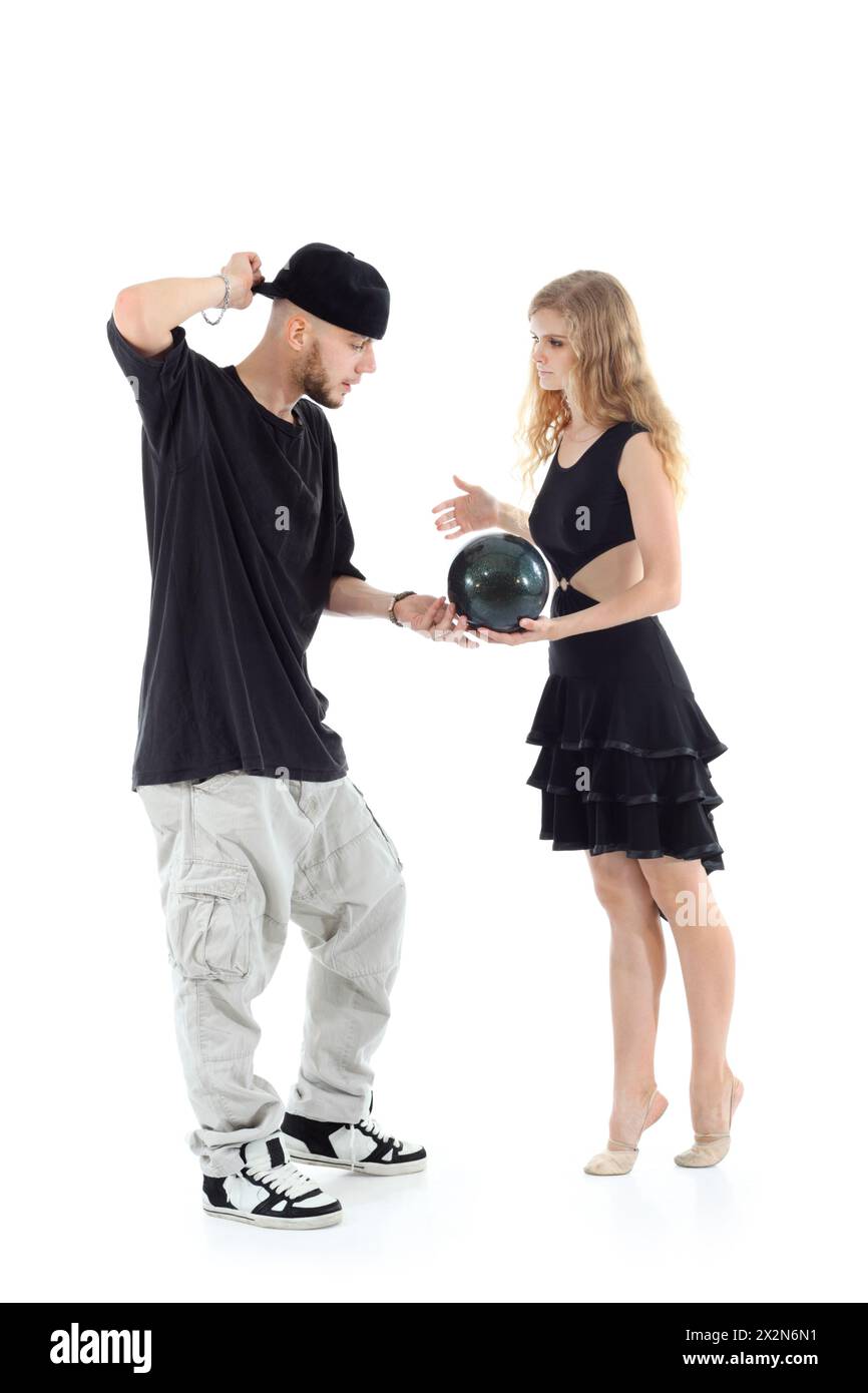 Gymnast gives green ball to rapper isolated on white background Stock ...