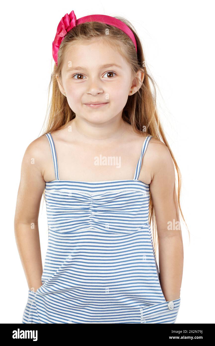 Little girl in striped sundress with red band in hair Stock Photo - Alamy