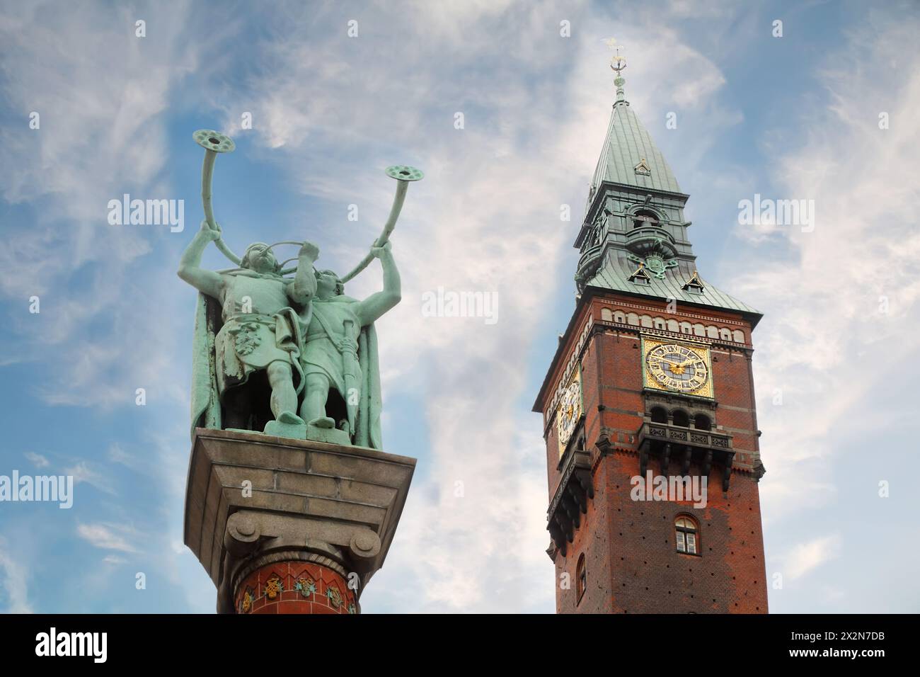 Monument Vikings blowing in Lurs and clock tower of City Hall in ...