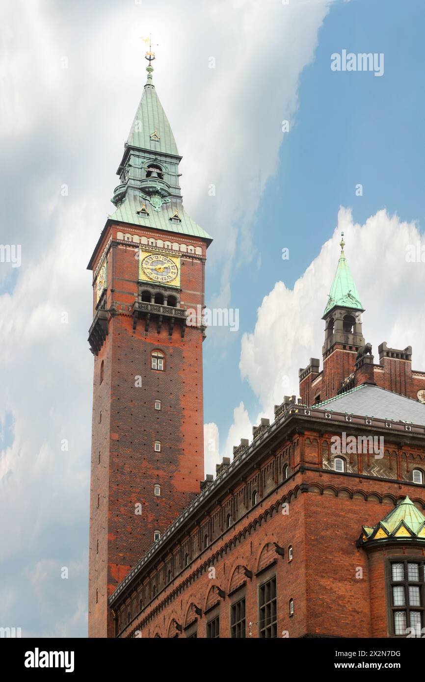 Tall clock tower of Copenhagen City Hall in Copenhagen, Denmark Stock ...