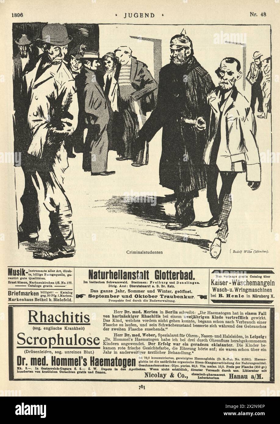 Man being arrested by police, Old German Magazine Page, Cartoon ...