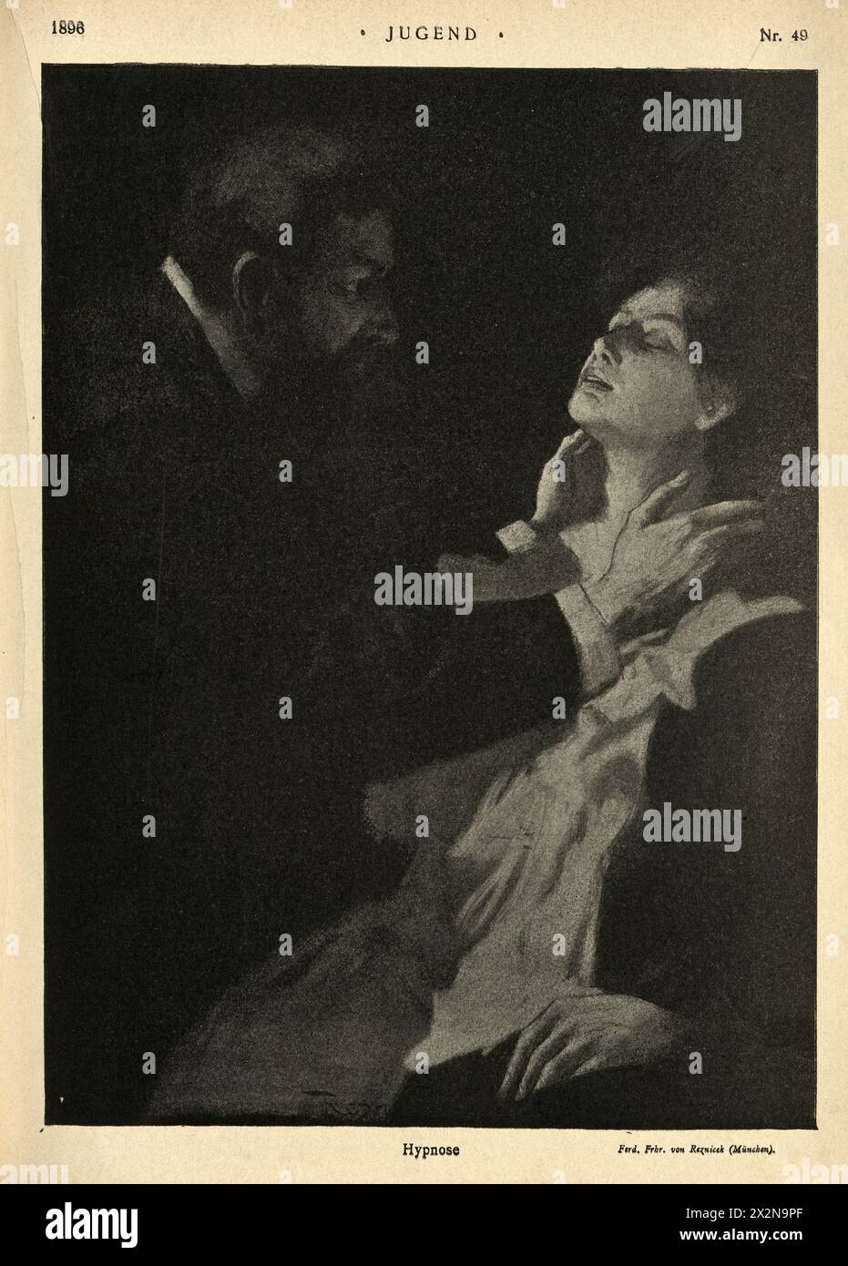 Vintage illustration, Hypnosis, Hypnotist putting a woman into a trance ...