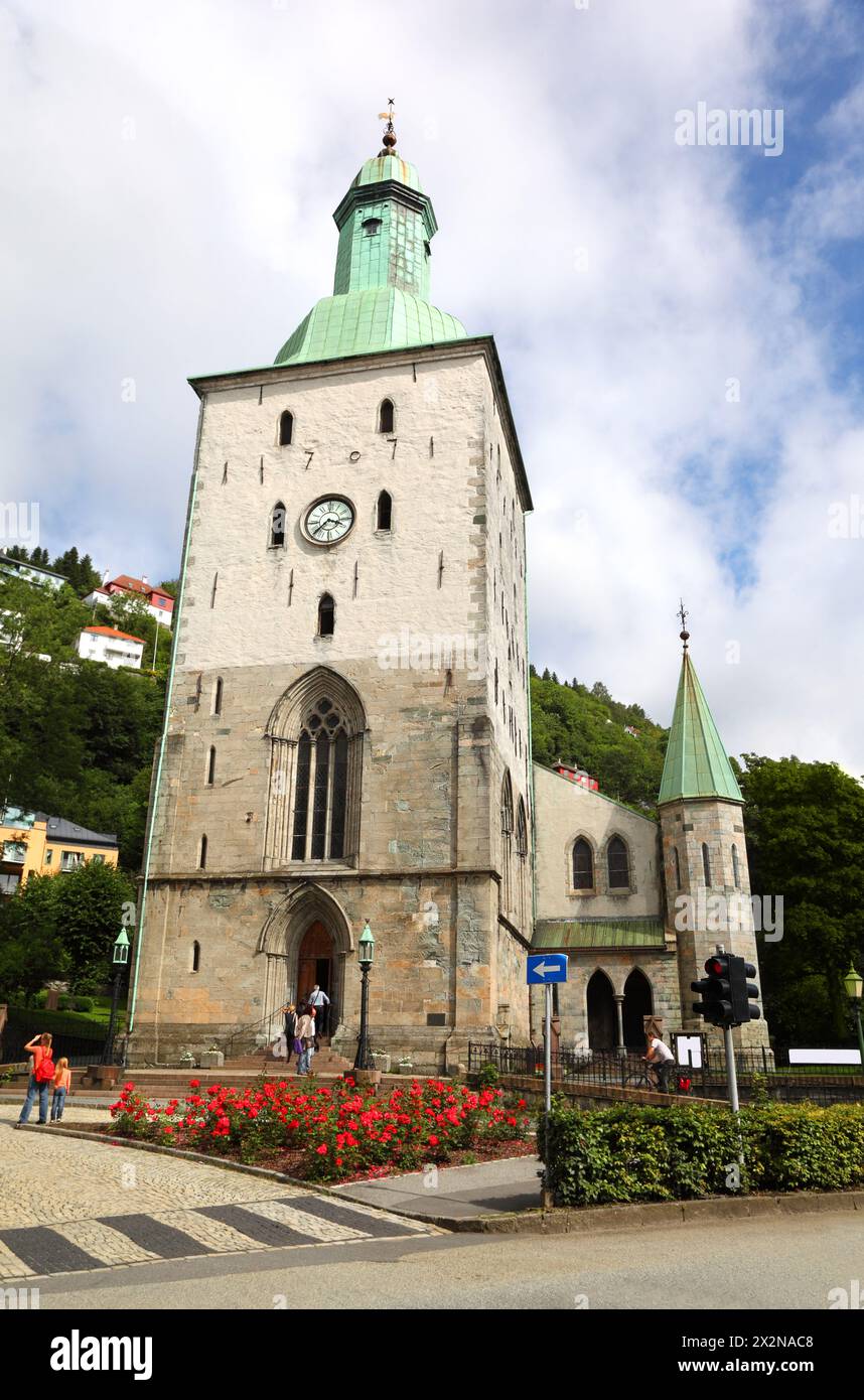 Bergen Cathedral with clock in Bergen, Norway, focus on cathedral Stock ...