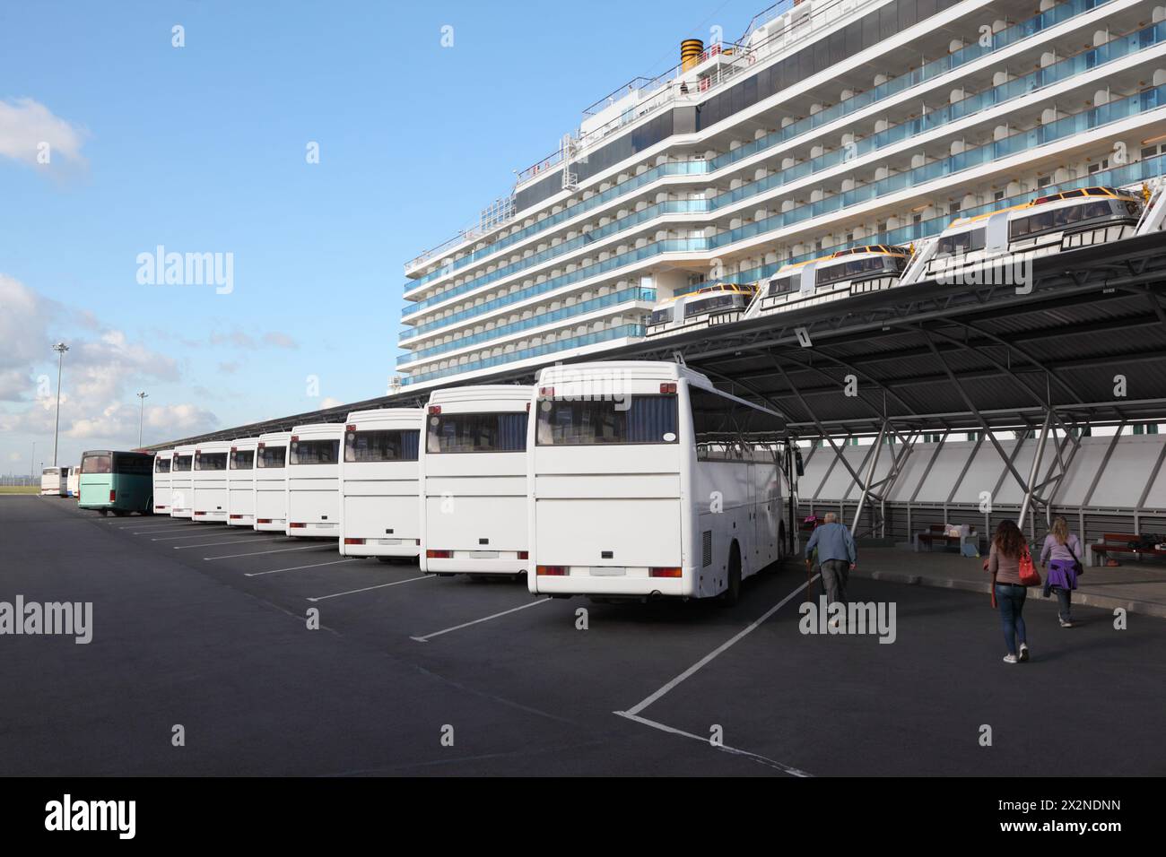 white buses at bus station around white big cruise ship at pier wait a ...